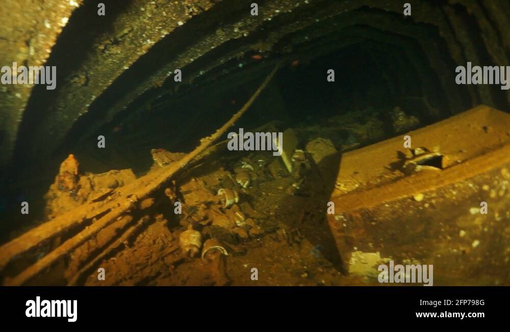 Sunken ship inside view on wreck underwater in Truk Lagoon on Chuuk ...