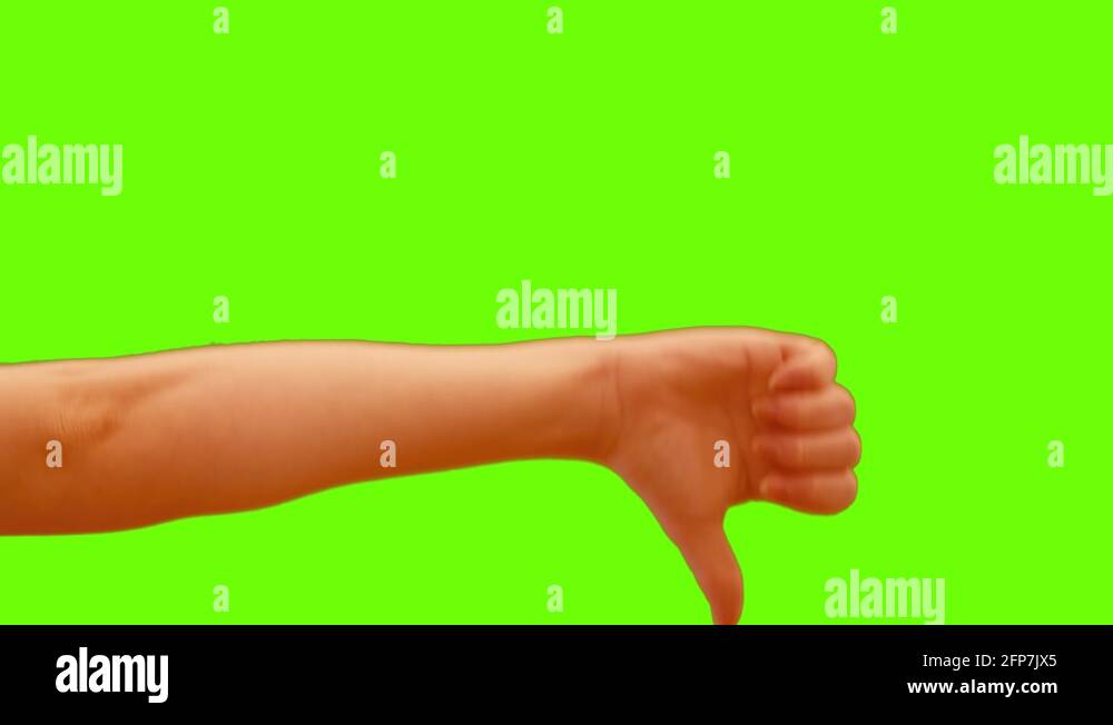 Close up hand gestures at green screen, female hand showing thumbs down ...