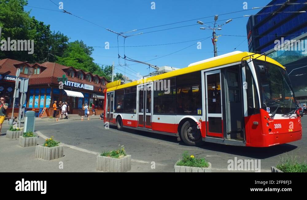 Public transport in The Odessa, Ukraine. trolleybus changing direction ...