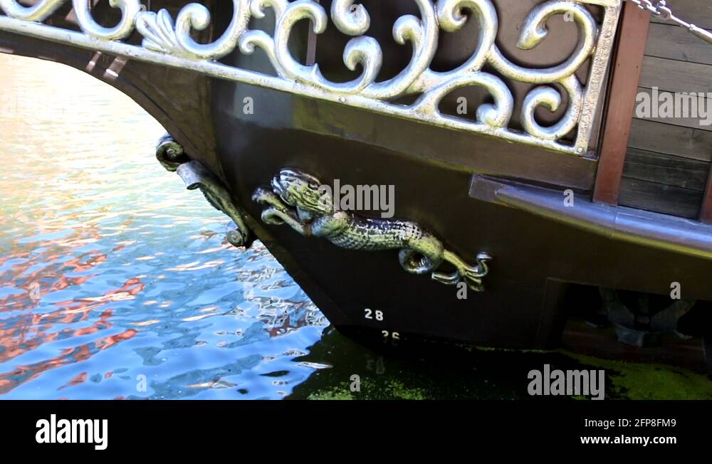 Iron detail on the wooden pirate ship bow, decoration on the front of ...