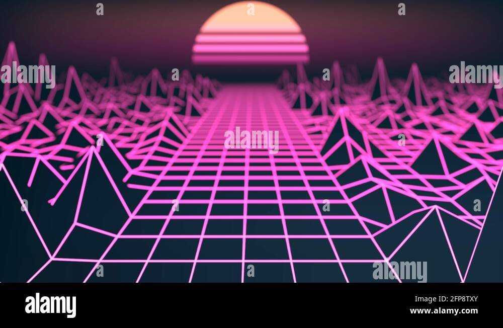 80S Vintage Loop Animation. Retrowave Travelling Low Poly Landscape ...