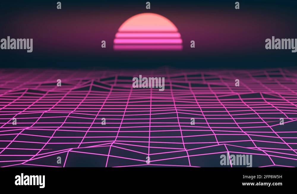 80S Vintage Loop Animation. Retrowave Travelling Grid Sea Landscape ...