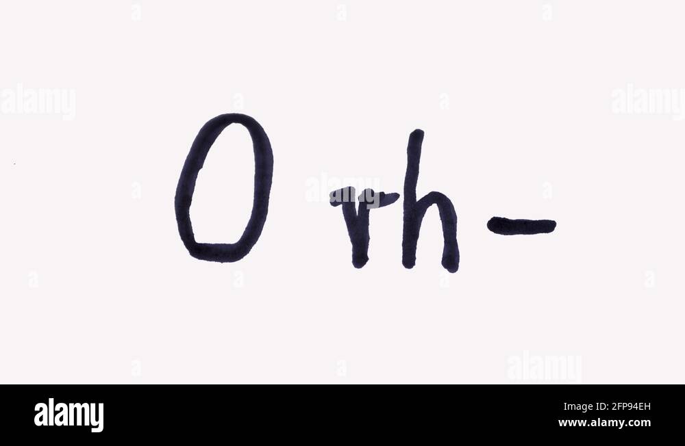 O rh -, a form of blood type, symbol written on white paper with blood ...