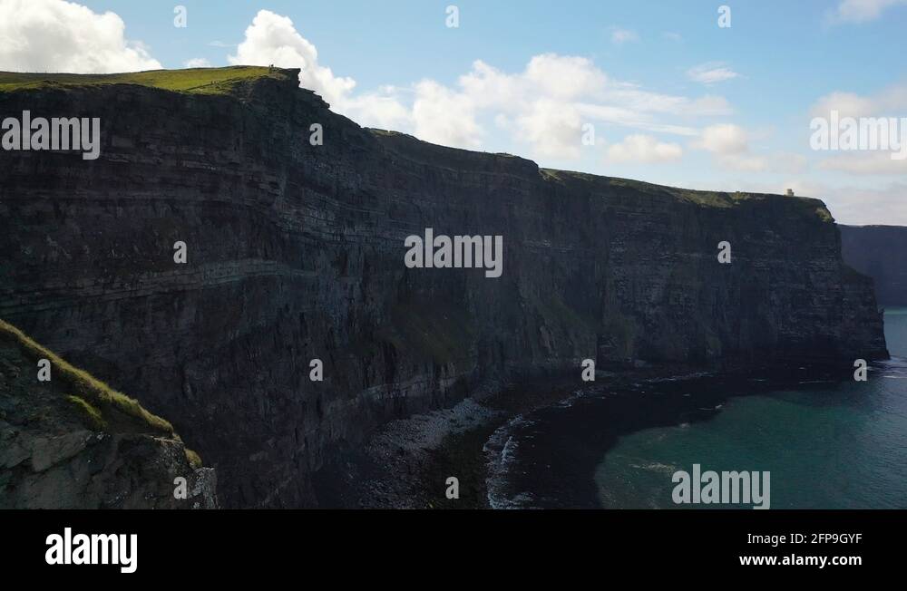 Tourist on edge of Cliffs of Moher clifftop, aerial flyover reveal ...