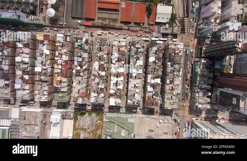 Hong Kong Kowloon Walled City, a densely populated slum, Top down pull ...