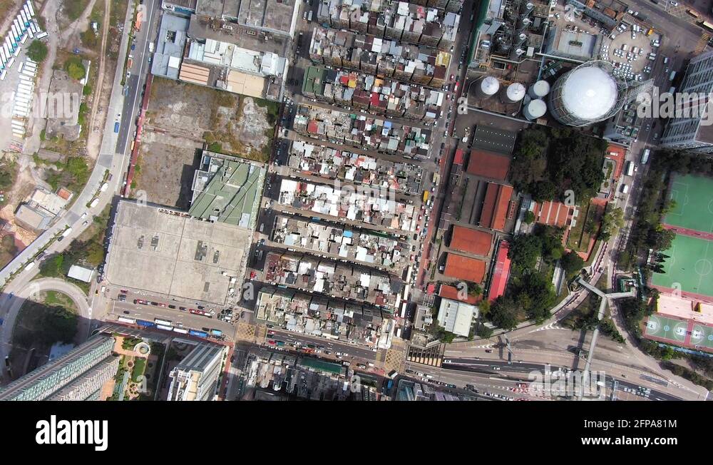 Hong Kong Kowloon Walled City, a densely populated slum, Top down ...