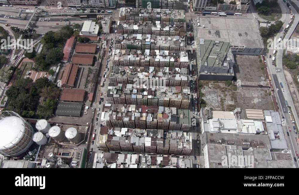 Hong Kong Kowloon Walled City, a densely populated slum, Aerial view ...