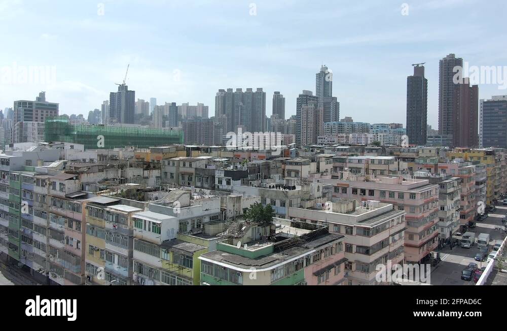Hong Kong Kowloon Walled City, a densely populated slum, Aerial view ...