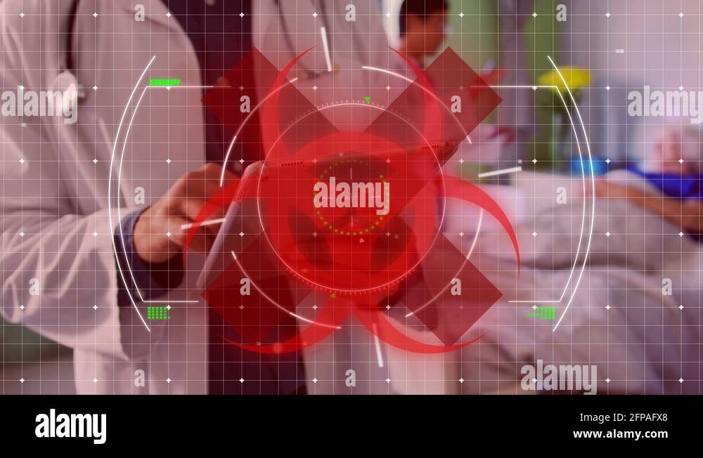 Health hazard sign over a doctor walking through a hospital room in ...