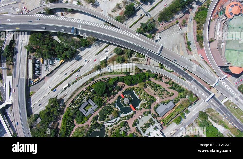 Top down aerial view traffic on multiple Highway roads with the ...