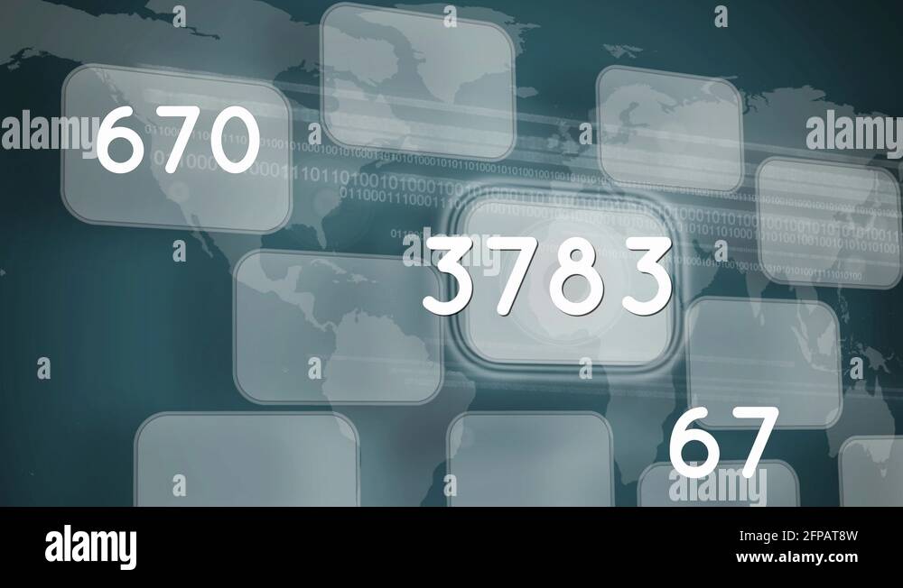 Animation of numbers growing over world map and rows of screens in the ...