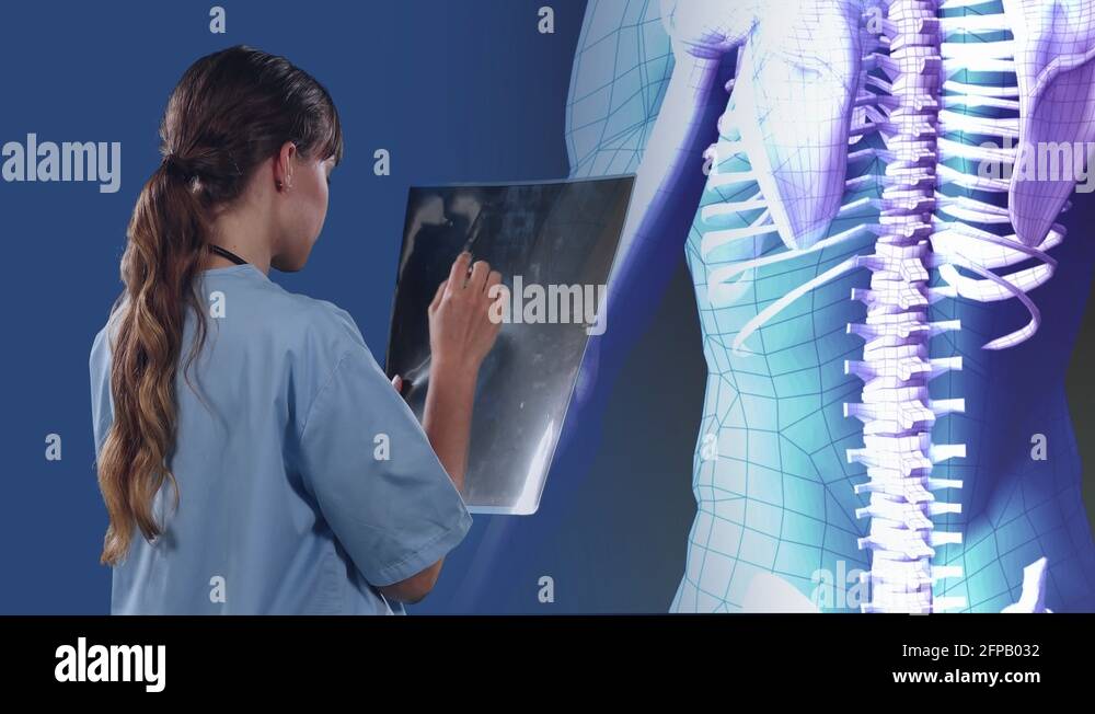 Animation of a doctor holding a x-ray scan over a 3D human body model ...