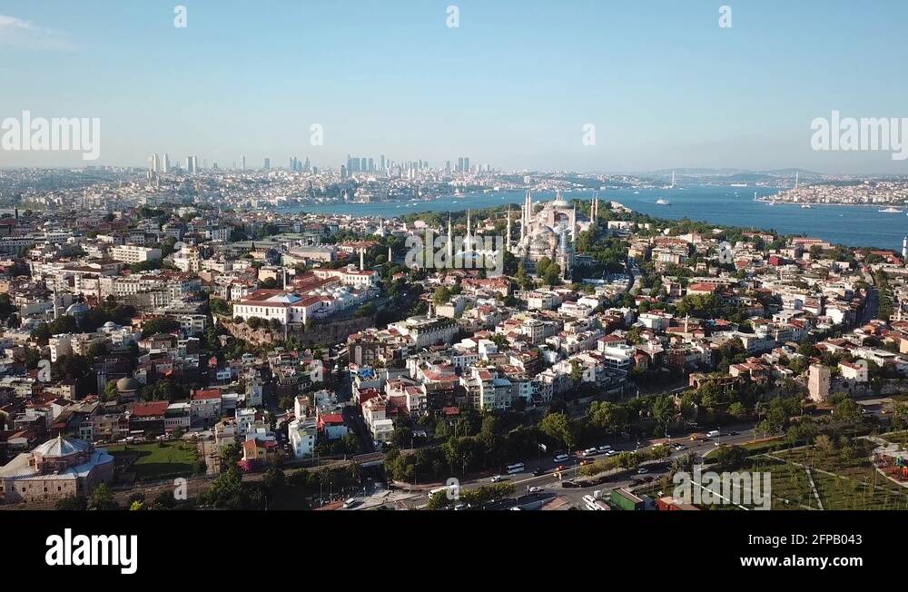 Old Istanbul With Ancient Mosques in Front and New Istanbul in Skyline ...