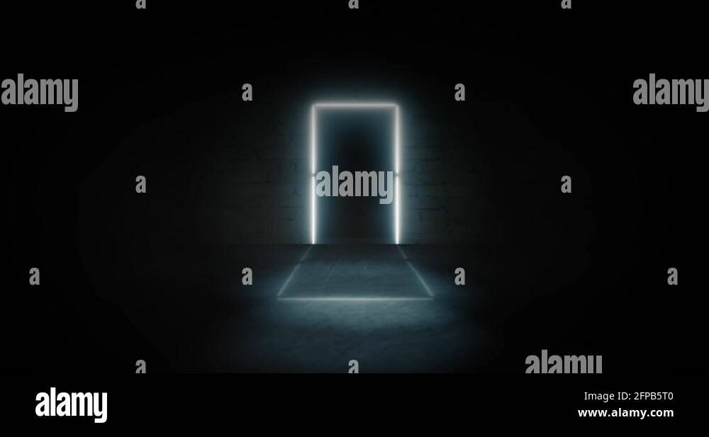 Spiritual glowing light frame of a door illuminates a dark room and ...