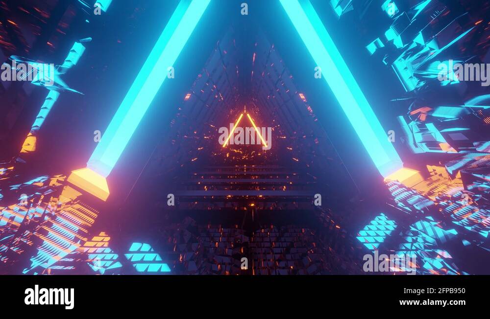 Motion graphics sci fi: triangular space tunnel of neon reflective ...