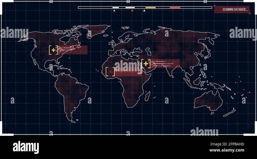 Animation of the world map in red on a screen with icons popping Stock ...
