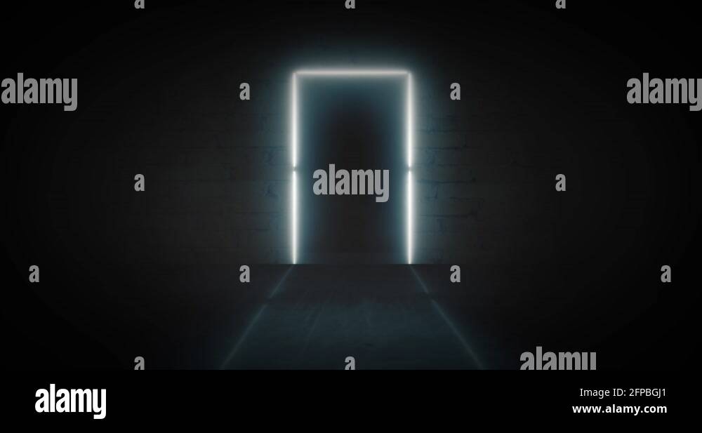 Spiritual glowing light frame of a door illuminates a dark room and ...