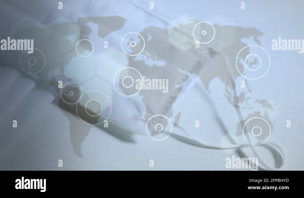 Animation of a world map with zones marked in cercles over a face masks ...