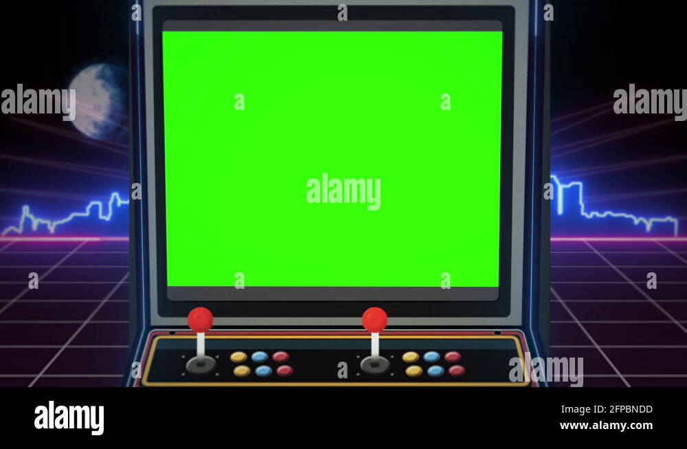Retro arcade machine with green screen and glowing city skyline in the ...