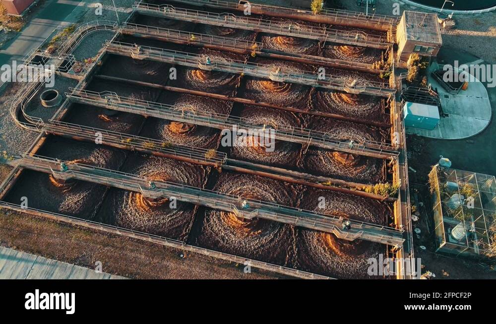 Wide aerial of water purification circle, clean drinking water ...