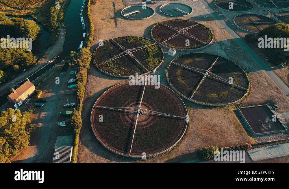 Wide aerial of water purification circle, clean drinking water ...