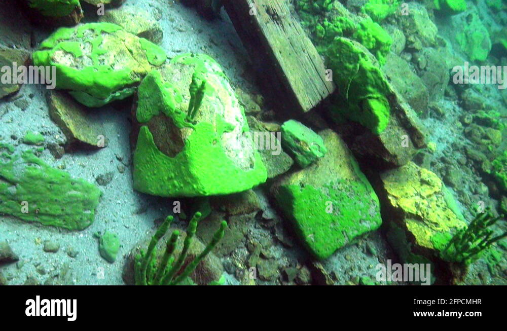 Underwater landscape of clear transparent ice under cold water of lake ...