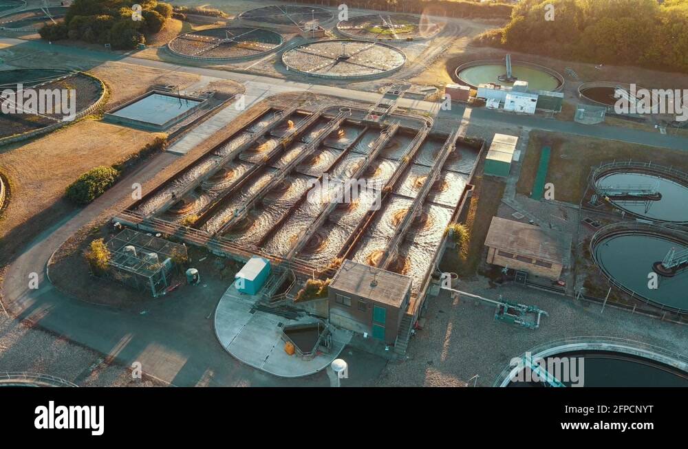 Wide aerial of water purification circle, clean drinking water ...