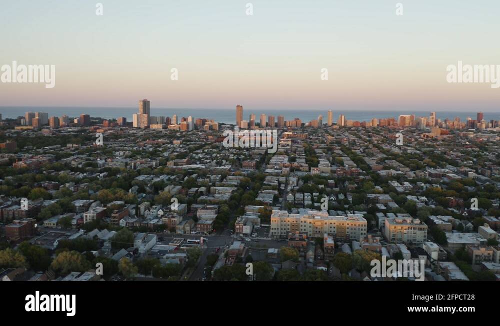 Drone Flies Above Chicago Neighborhood towards Lakeview, Home of the ...