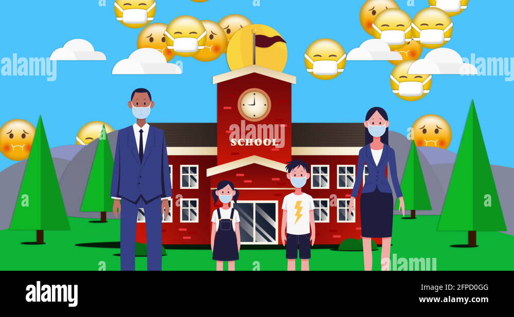 People and emojis wearing masks with school building Stock Video ...