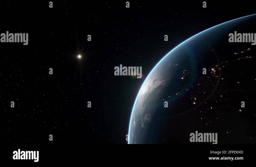 Flying past planet Earth toward distant sun in outer space, Animation ...