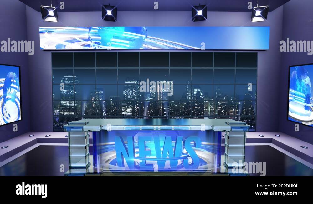 3d virtual news studio. Announcer Table with night city background and ...