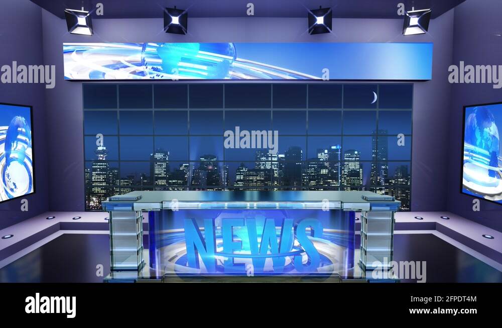 3d virtual news studio. Announcer Table with night city background and ...