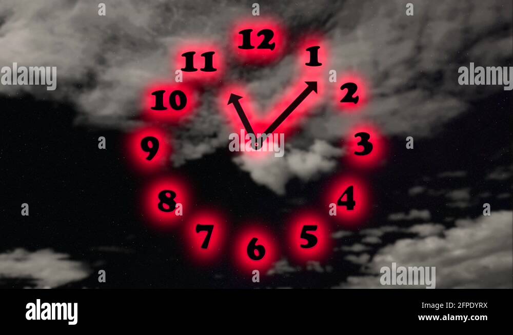 Neon time running on clock animation with dark thunderstorm sky in ...