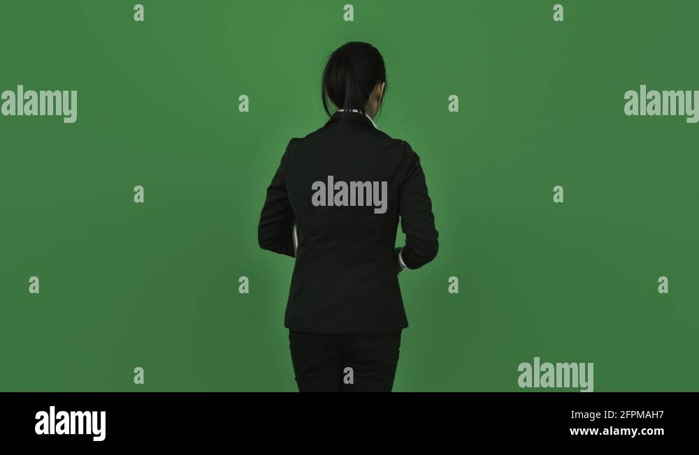 Asian business woman isolated greenscreen green background happy check ...