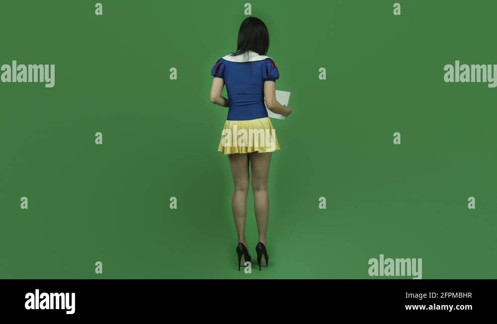 Asian snow white isolated greenscreen green background upset with blank ...