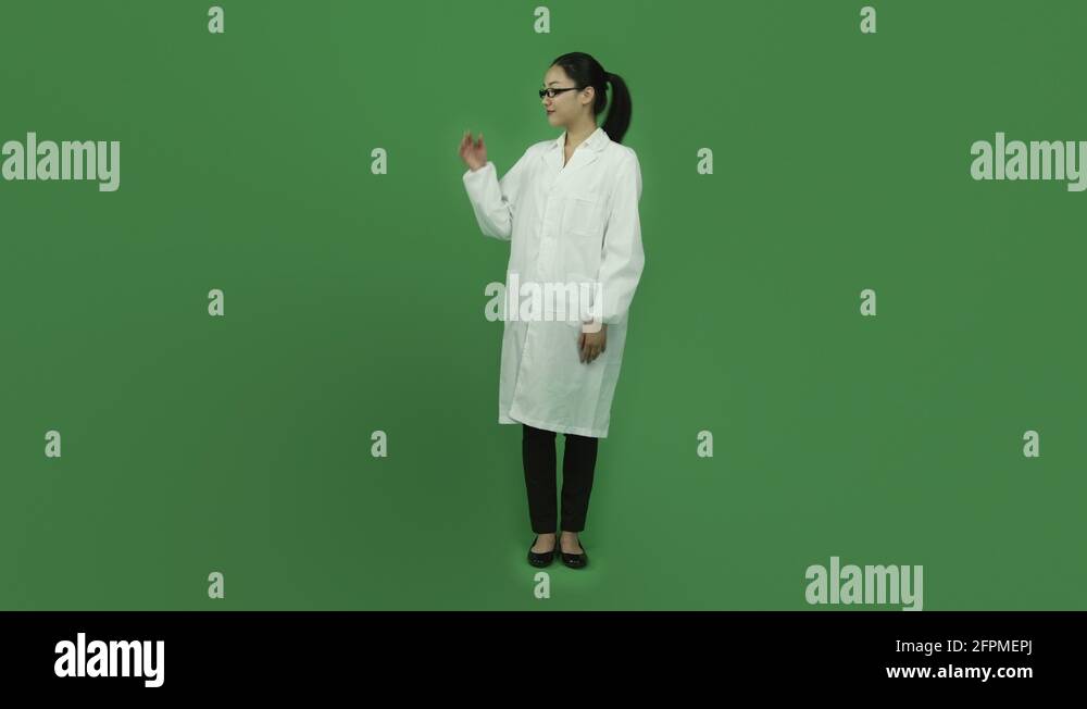 Asian girl scientist isolated greenscreen green background talking ...