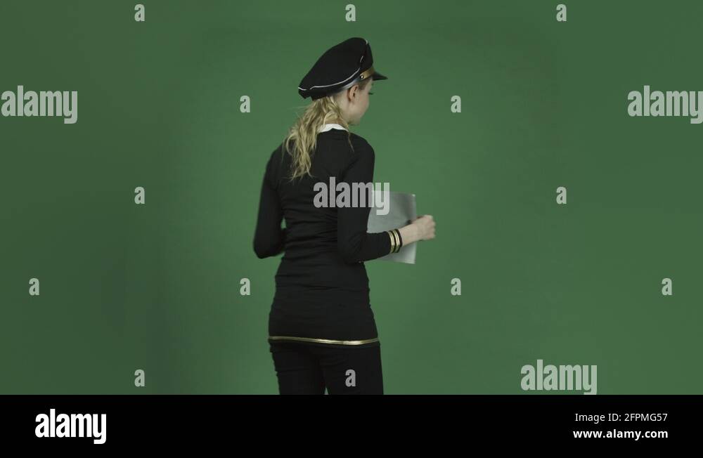 caucasian air hostess isolated on chroma green screen background help ...