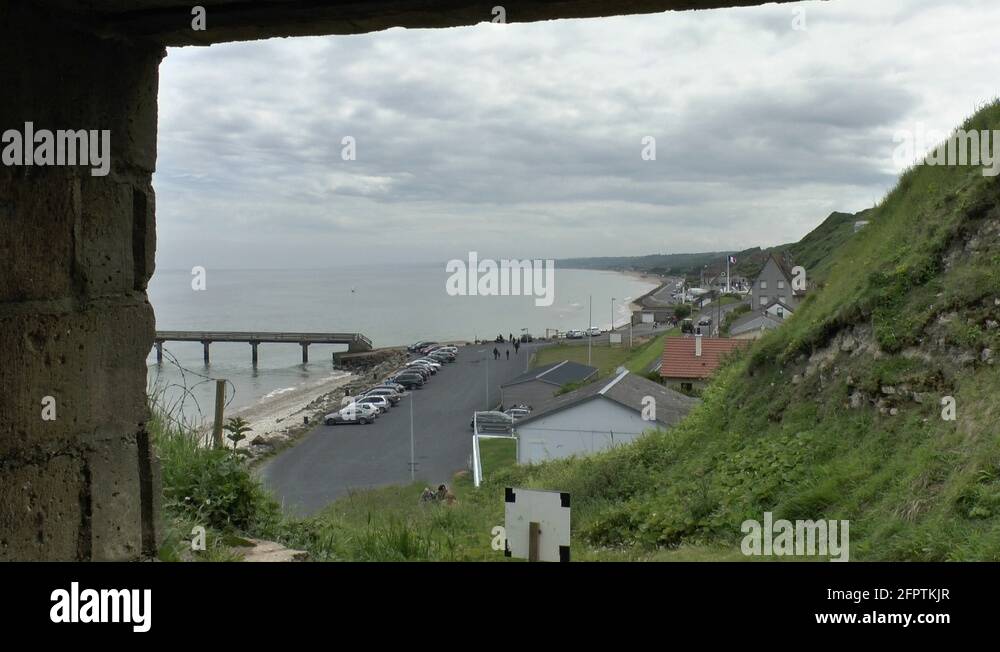 View east from German MG bunker along Omaha Beach, Vierville, Normandy ...