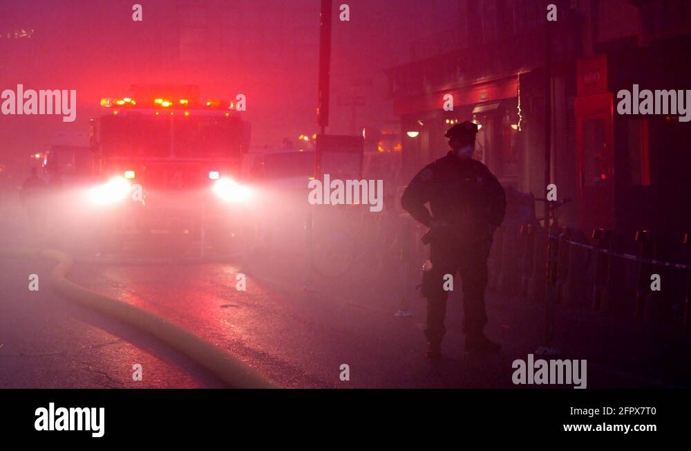 FDNY firetruck night police officer flashing lights smoke silhouette 4K ...