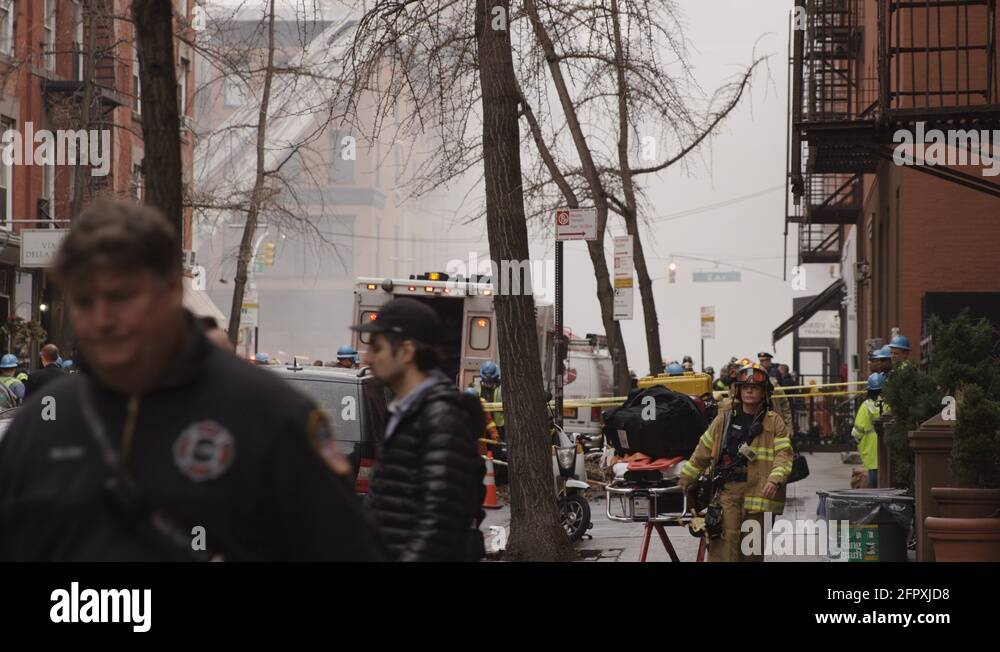 emergency services FDNY smoke NYPD police EMT workers stretcher ...