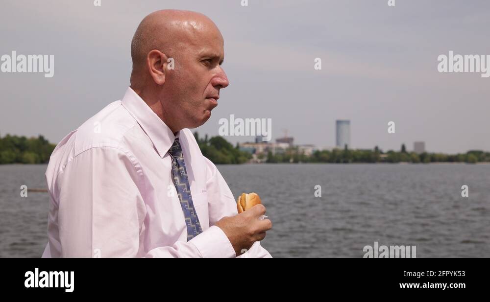 Hungry Business Man Eat Hamburger Fast Food Lunch Time Take Away Snack ...