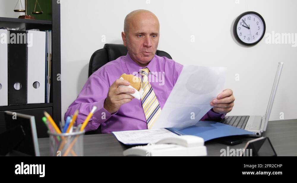 Business Person Office Desk Job Eat Cheeseburger Looking Careful Files ...