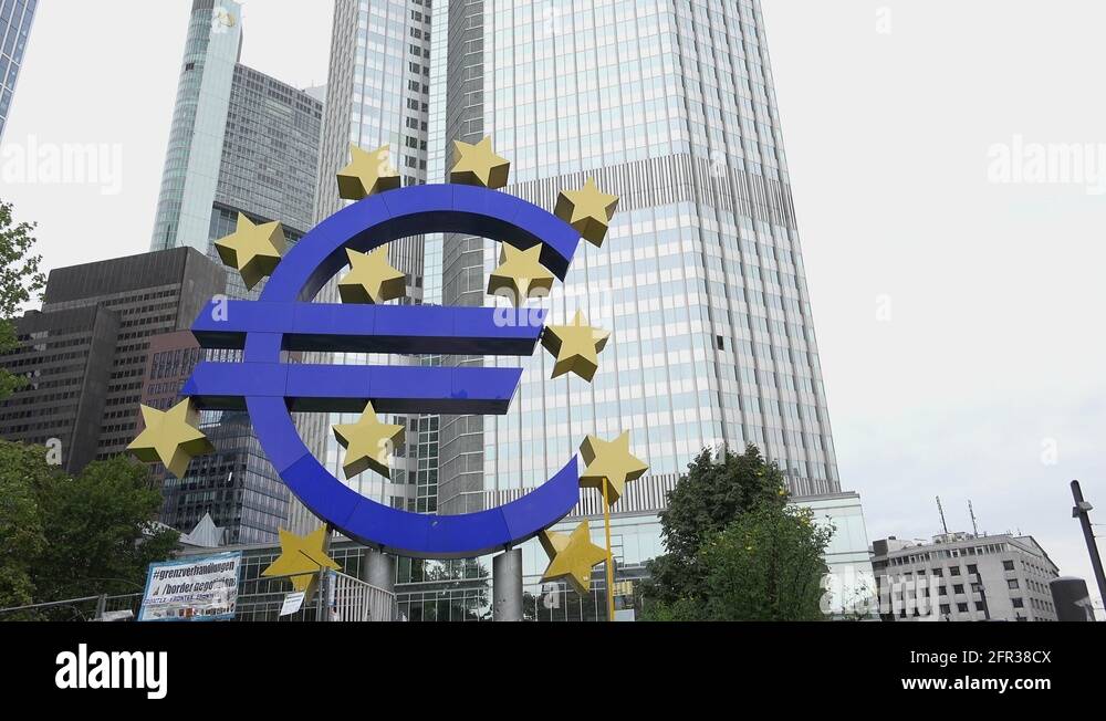 Downtown Frankfurt Germany with Euro Symbol Sculpture 4k Stock Video ...