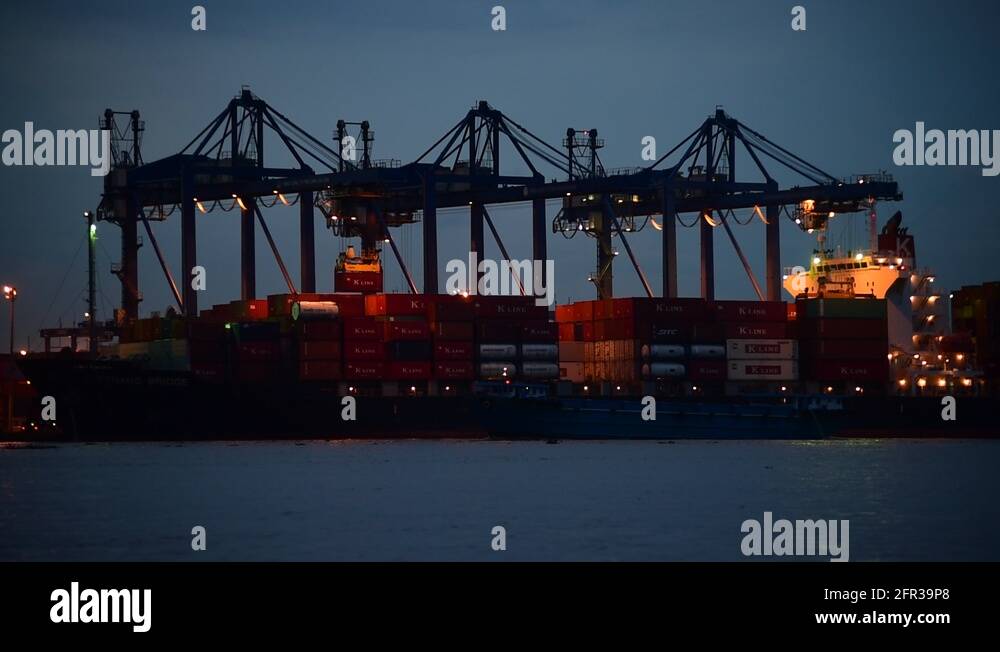 cargo port night view Stock Video Footage - Alamy