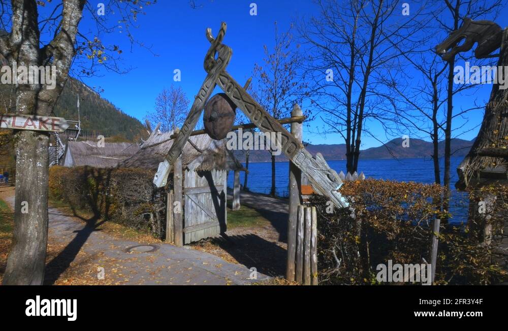 Flake Viking village, lake Walchensee, Bavaria, Germany Stock Video ...