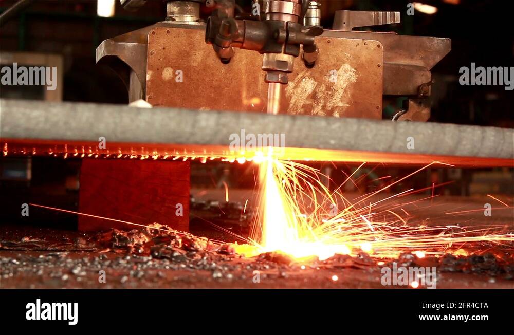 Sparkles, Fire gas cutting slab, Industry steel background Stock Video ...