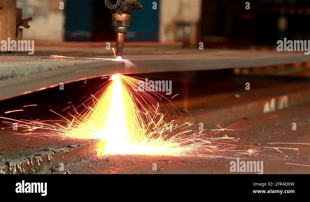 Sparkles, Fire gas cutting slab, Industry steel background Stock Video ...
