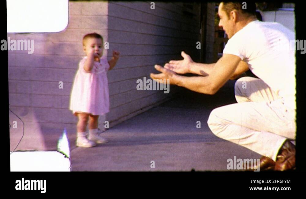 Baby Steps Girl Learning to Walk to Daddy 1960s Vintage Film Home Movie ...