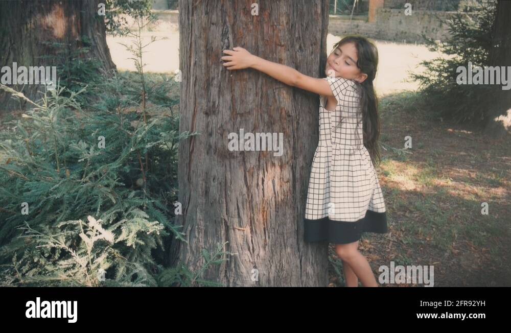 Little girl hugging a tree Stock Video Footage - Alamy