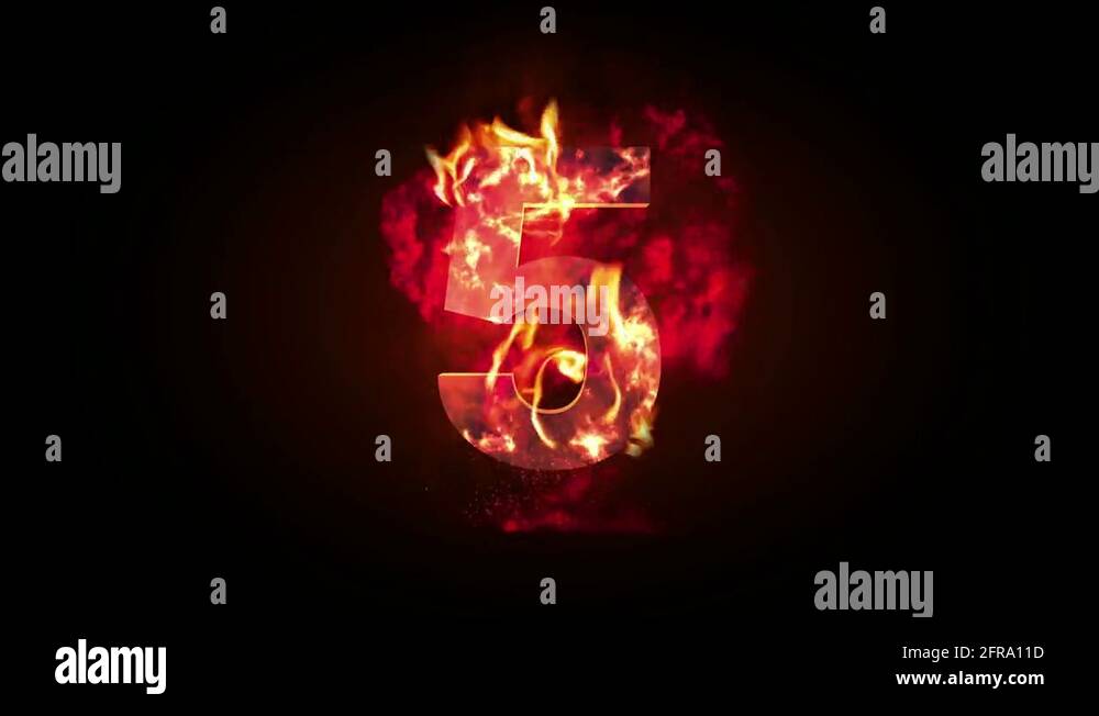 Countdown animation from 5 to 0 with explosion fire burning effect ...